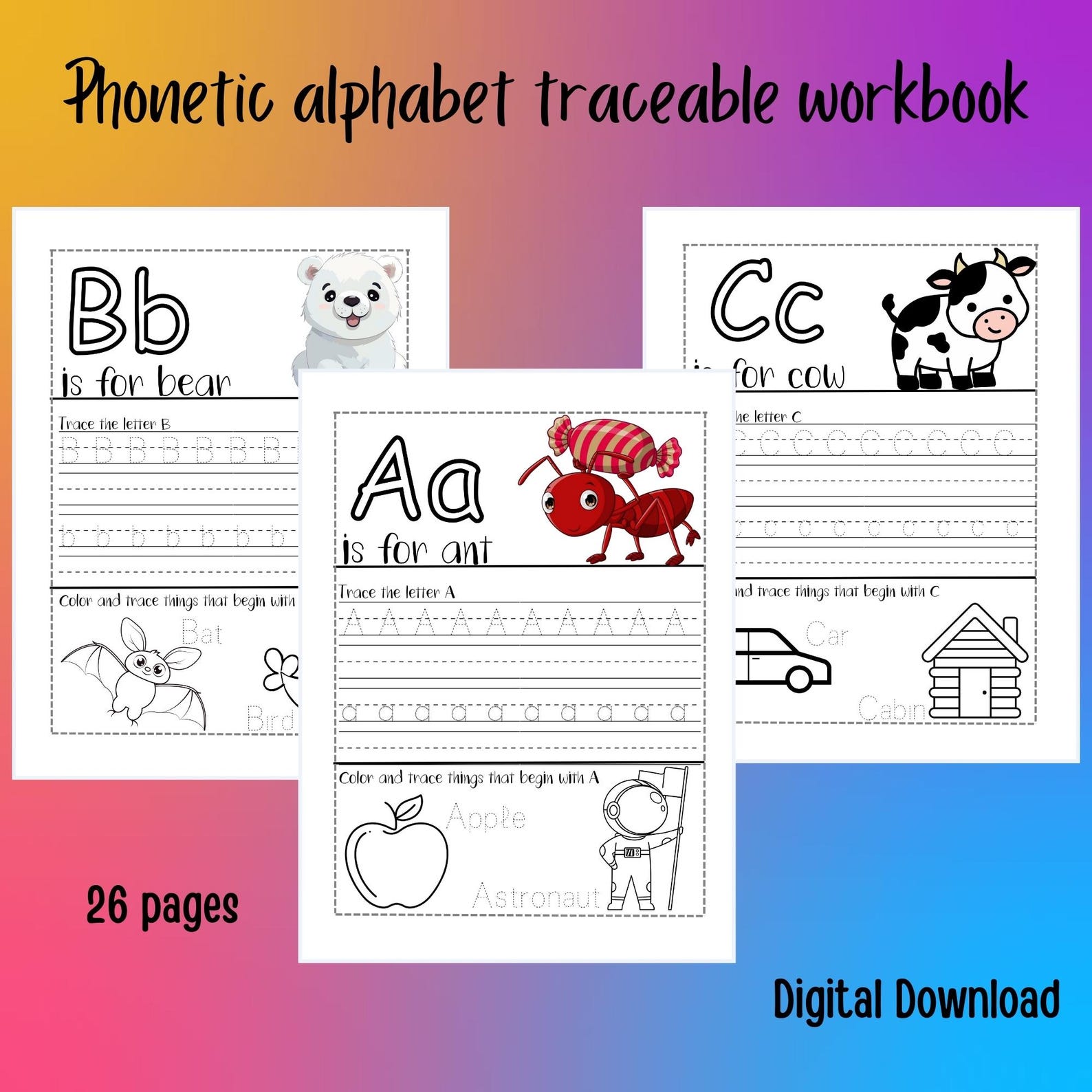 Phonetic Alphabet Workbook for Kindergarten Traceable Letter Page 1st ...