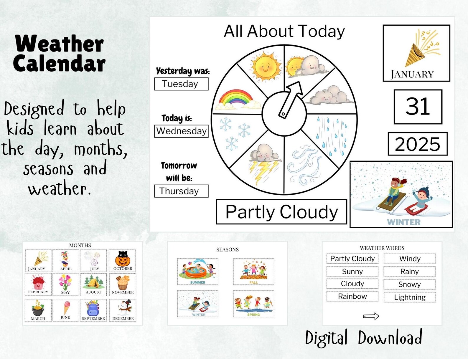Kids Daily Calendar Printable Weather Chart homeschool Activities Kids ...