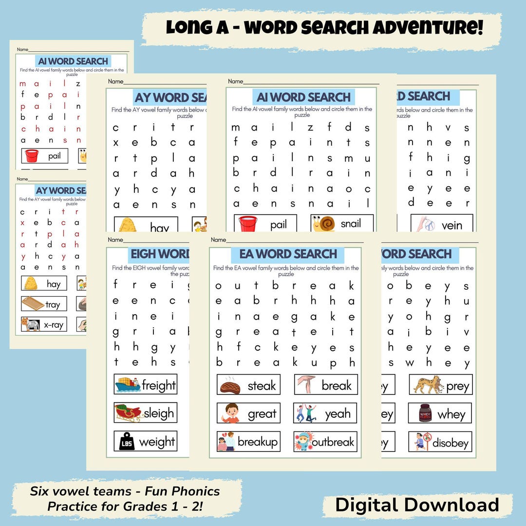 Long A Vowel Team Word Search Grade 1 & 2 Phonics and Literacy Center ...