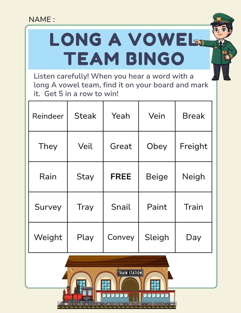 Long A Vowel Team Bingo Game First Grade Phonics Activity Grade 1 & 2 ...