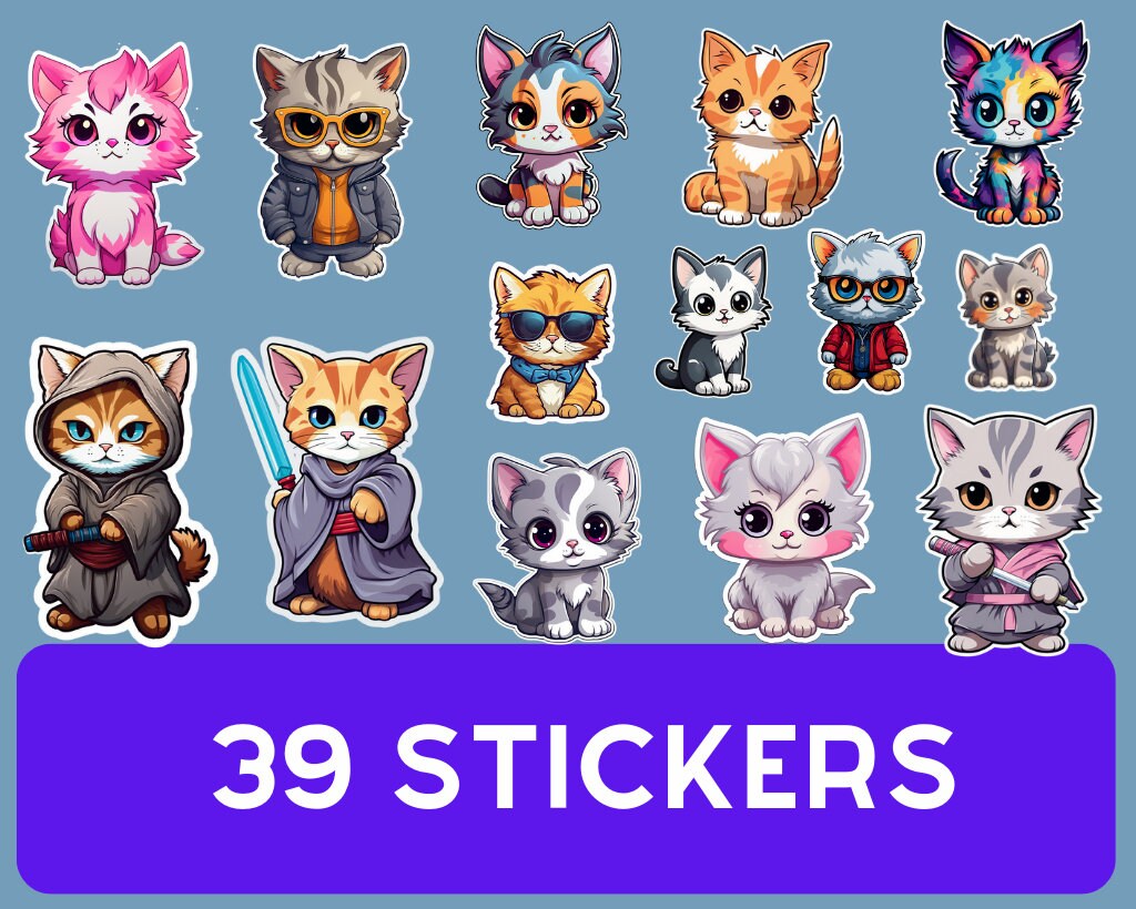 39 Printable Cat Stickers / Print and Cut Cat Stickers / Cute Cat ...