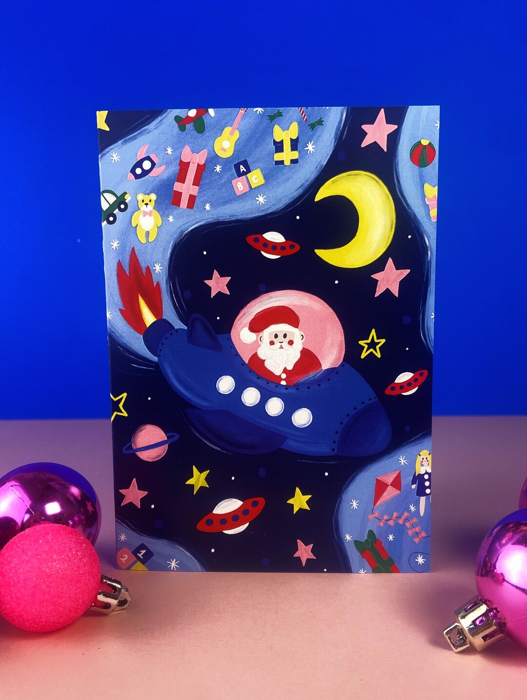 Santa in Space, Colourful Illustrated Christmas Card - Etsy