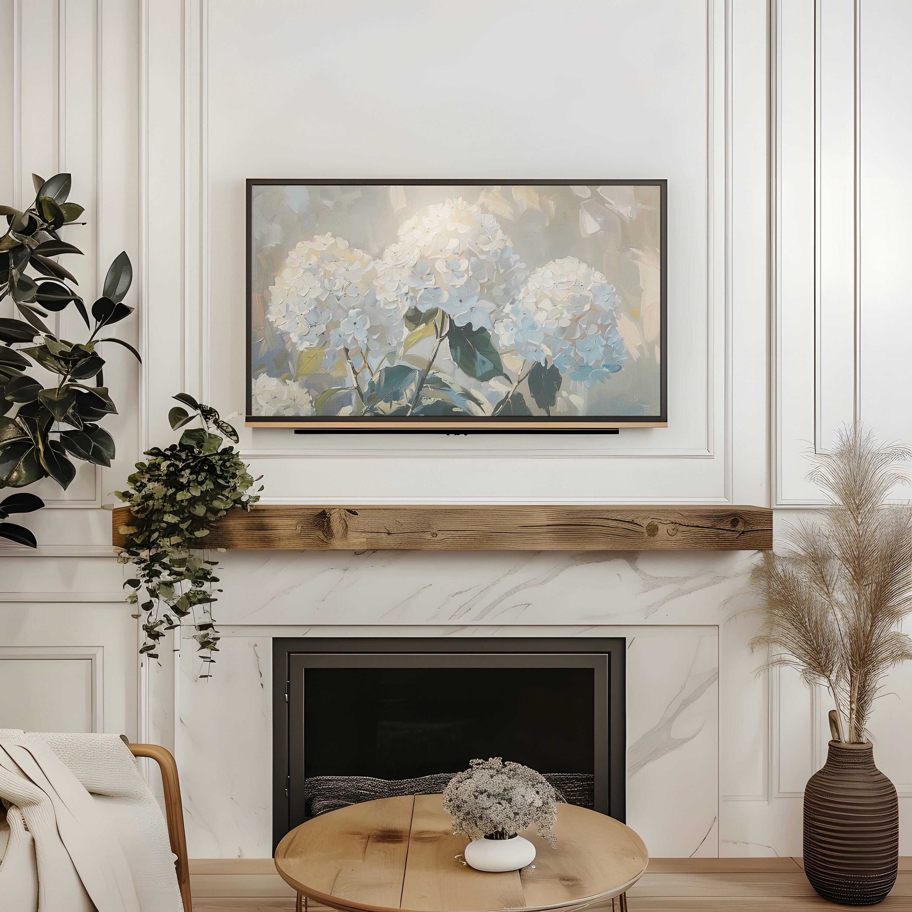 White Hydrangeas Frame TV Art, Texture Spring Flower Painting, Summer ...