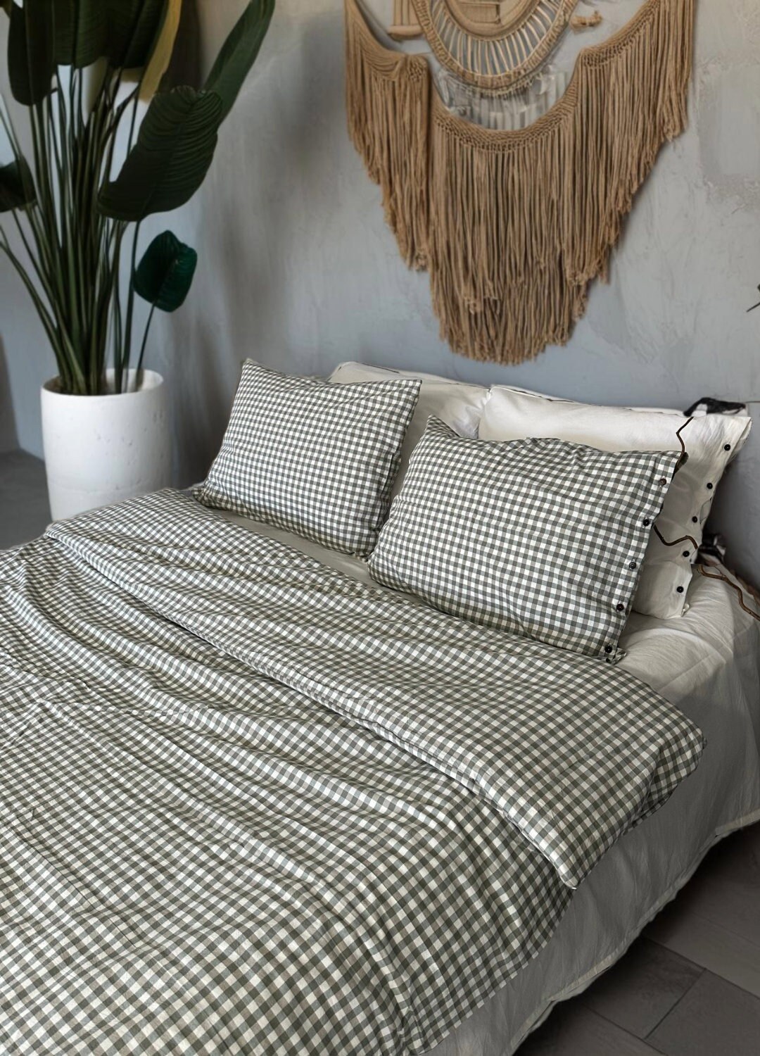 Green Gingham Duvet Cover Set– Sage Plaid Cotton Bedding– Dorm Cotton 4 ...