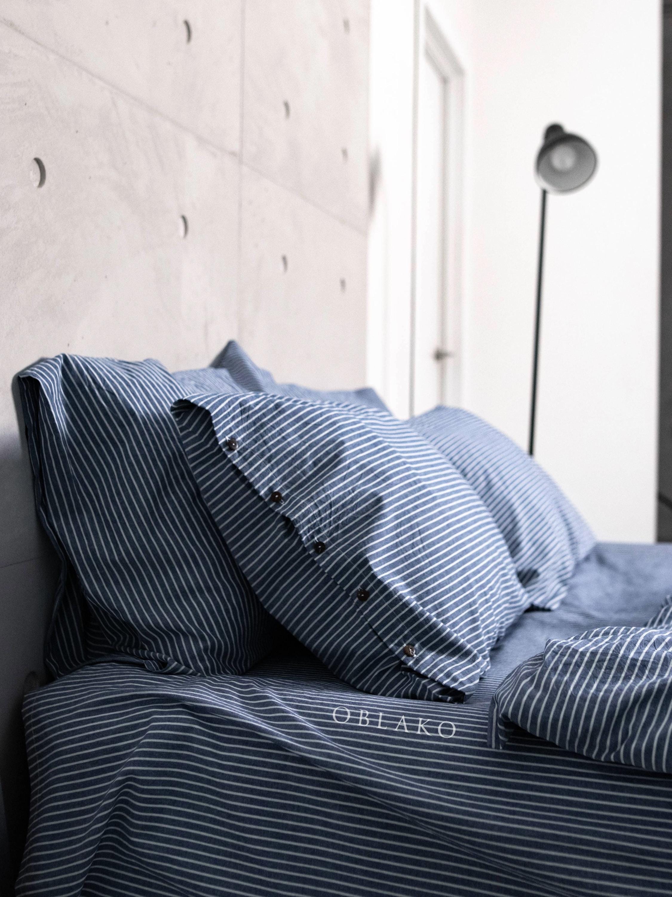 Blue Striped Duvet Cover – Washed Cotton Bedding Set – Breathable Denim ...