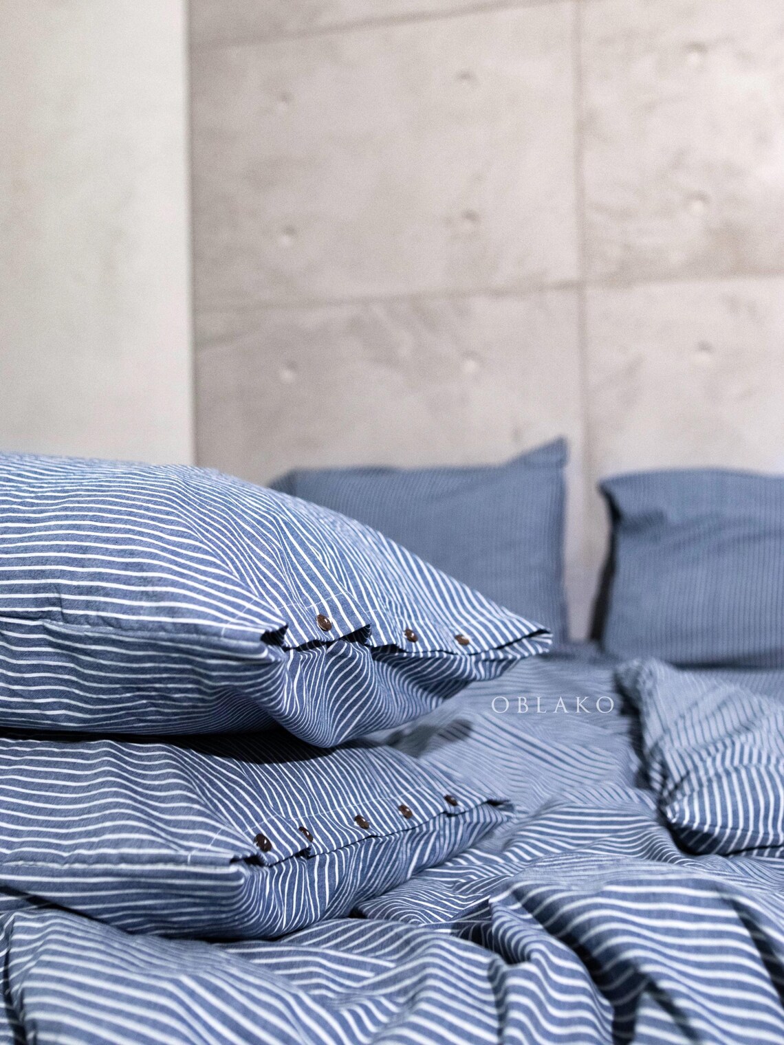 Blue Striped Duvet Cover – Washed Cotton Bedding Set – Breathable Denim ...
