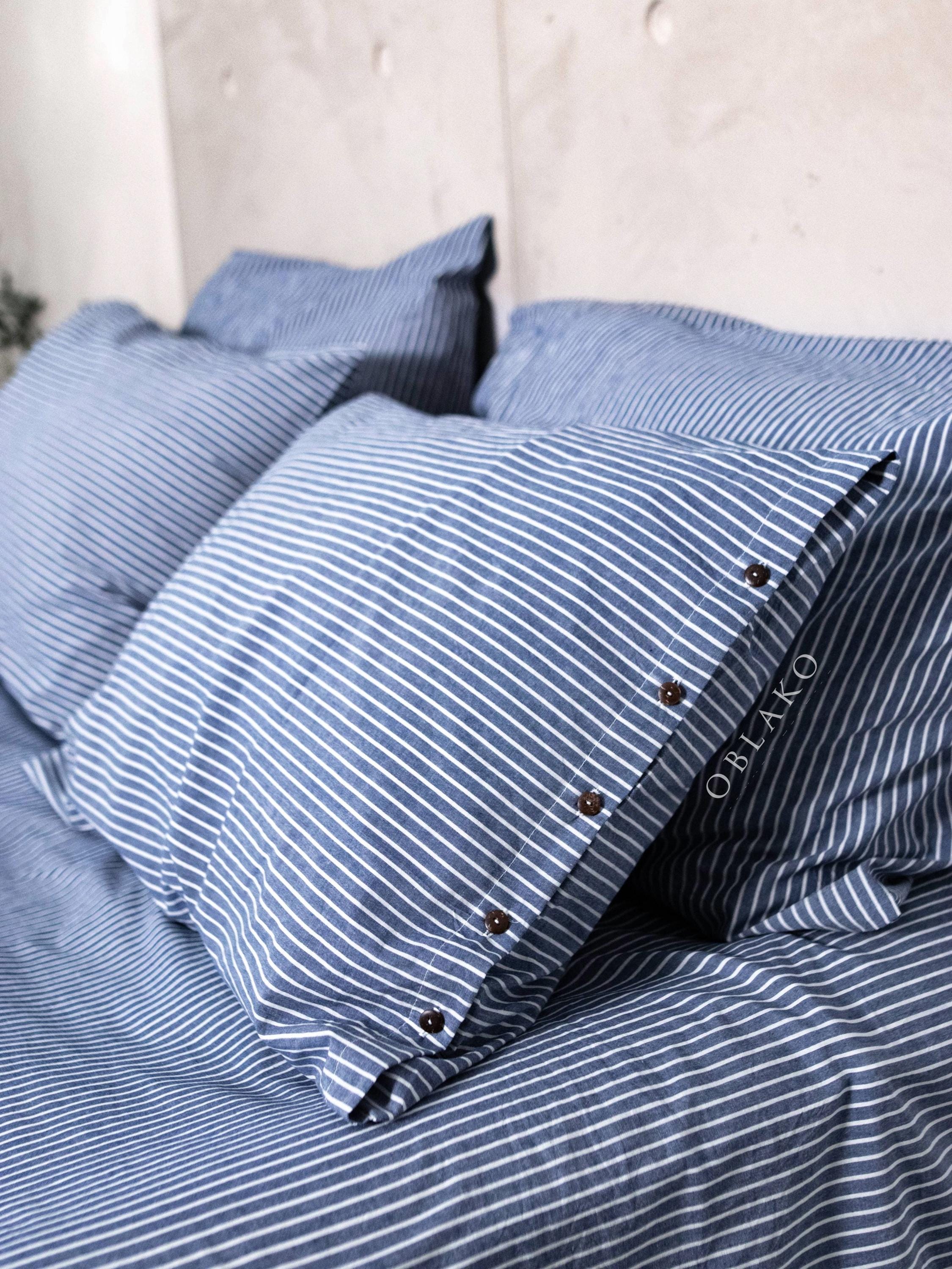 Blue Striped Duvet Cover – Washed Cotton Bedding Set – Breathable Denim ...