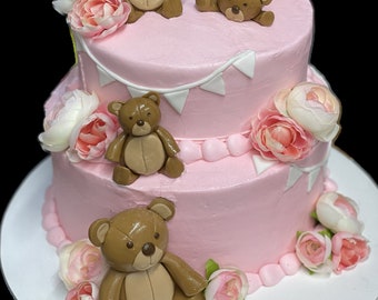 Fuzzy Bear Cake Topper Fondant Beige Tan Bear Teddy Bear With Bow Cake ...