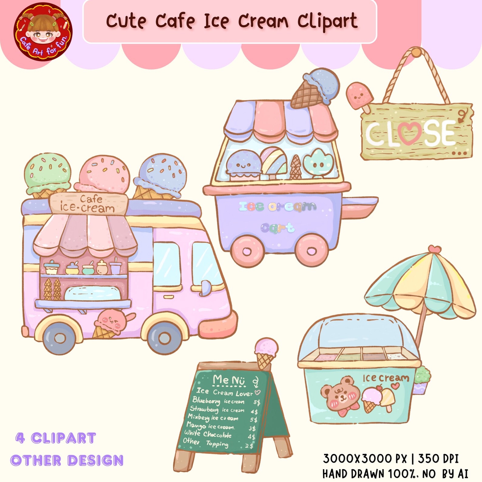 Cute Ice Cream Clipart, Sweet Treats PNG, Cone&sundae, Kawaii Ice Cream ...