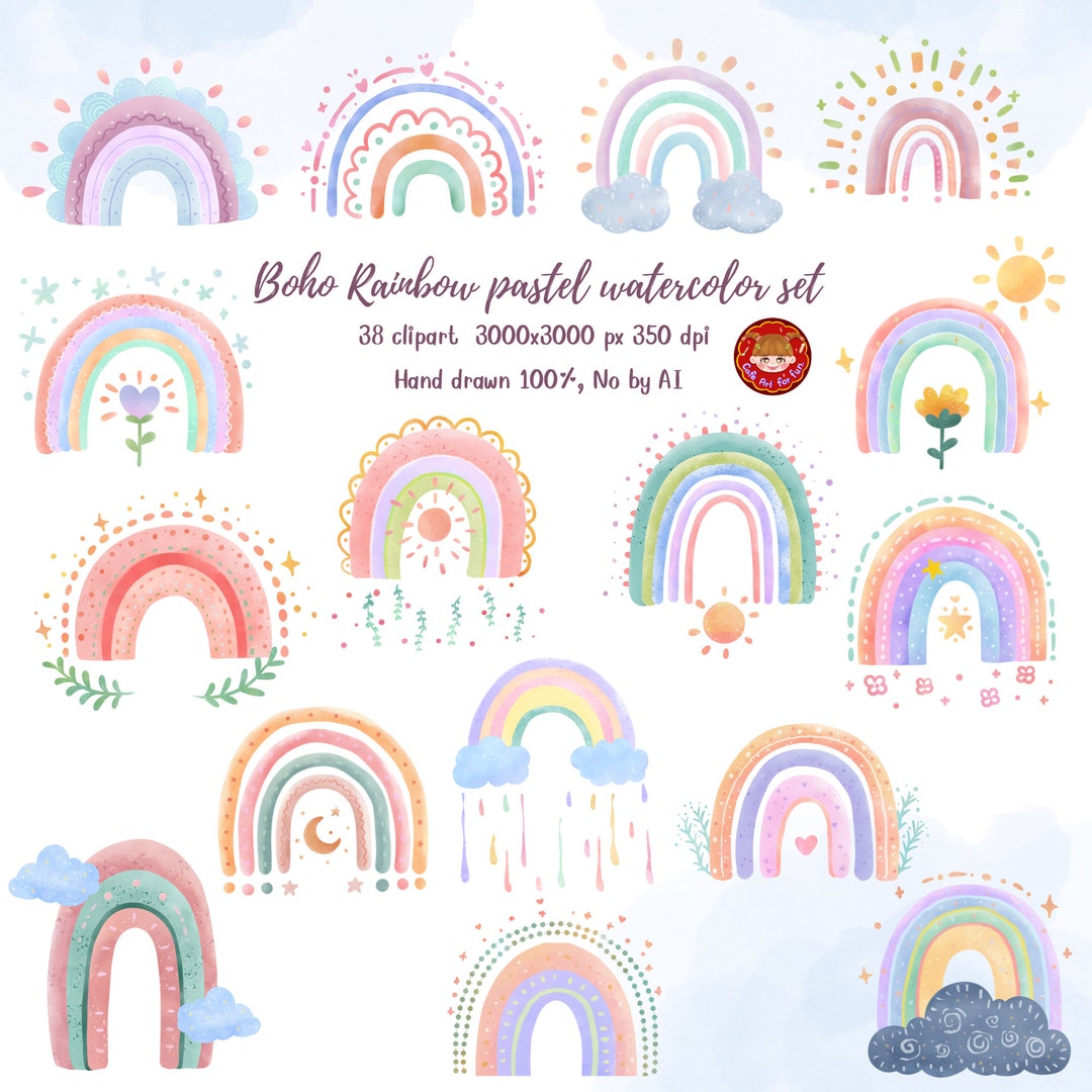 Watercolor Boho Rainbow Clipart Set: Pastel Nursery Decor (PNG) - Etsy