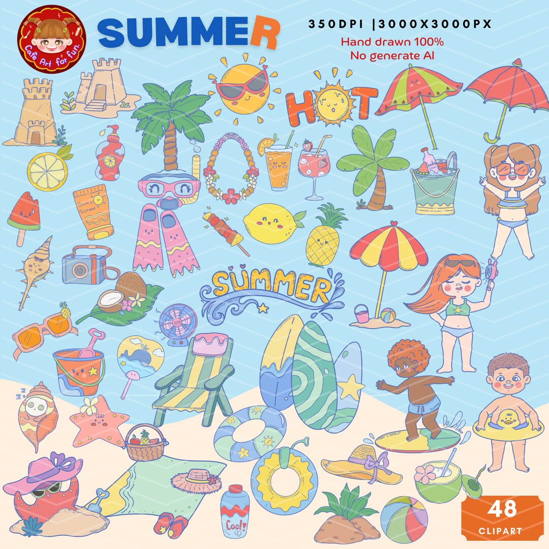 Summer Beach Clipart: Retro Cartoon PNG (3000x3000 Px) - Etsy