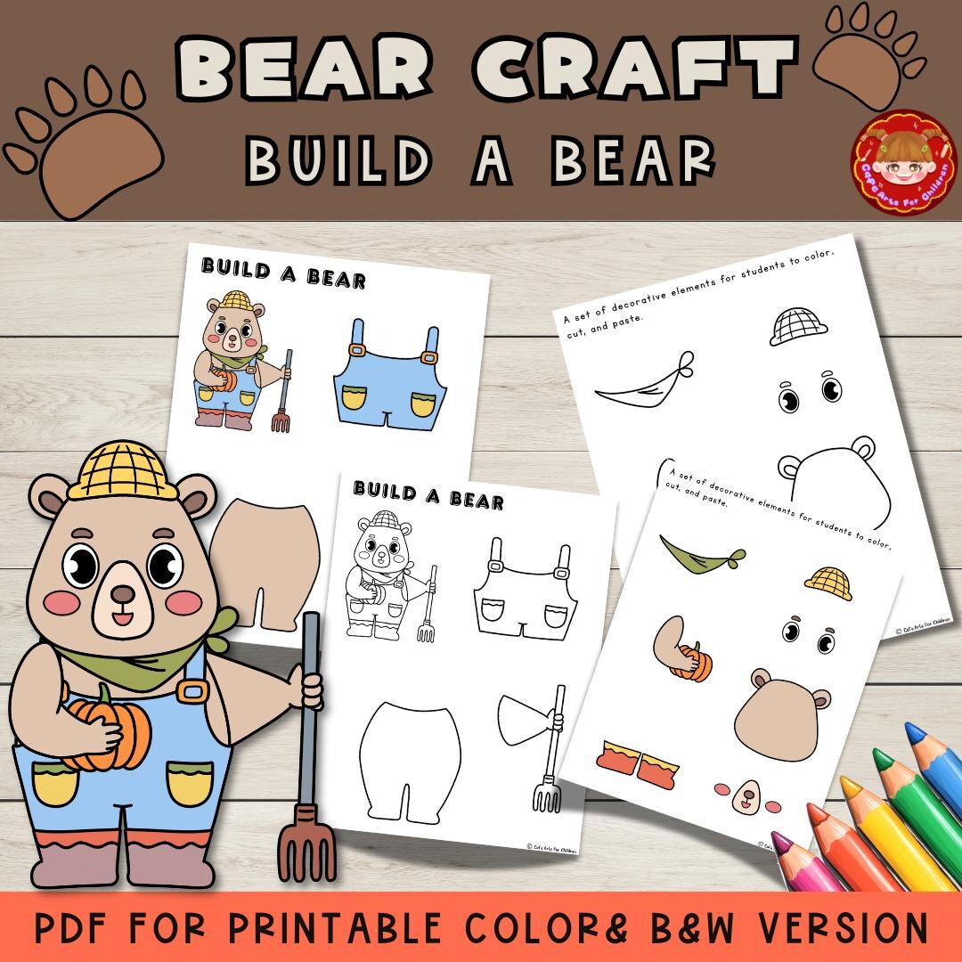 Farmer Bear Craft, Fall Animal Craft Cut and Paste Activity, Woodland ...