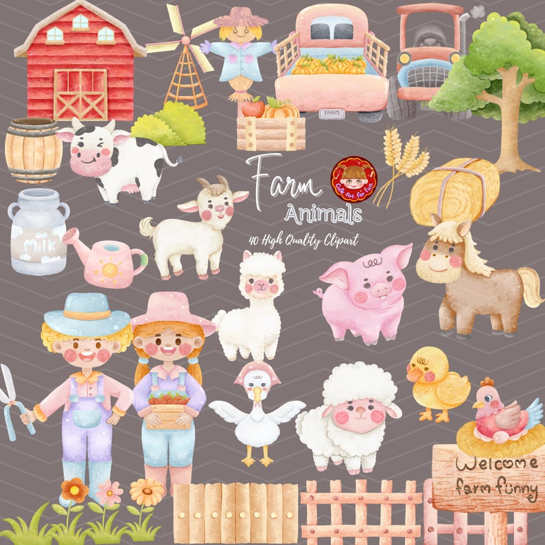 Cute Farm Animals Clipart, Farm Watercolor PNG. Digital Clipart, Happy ...