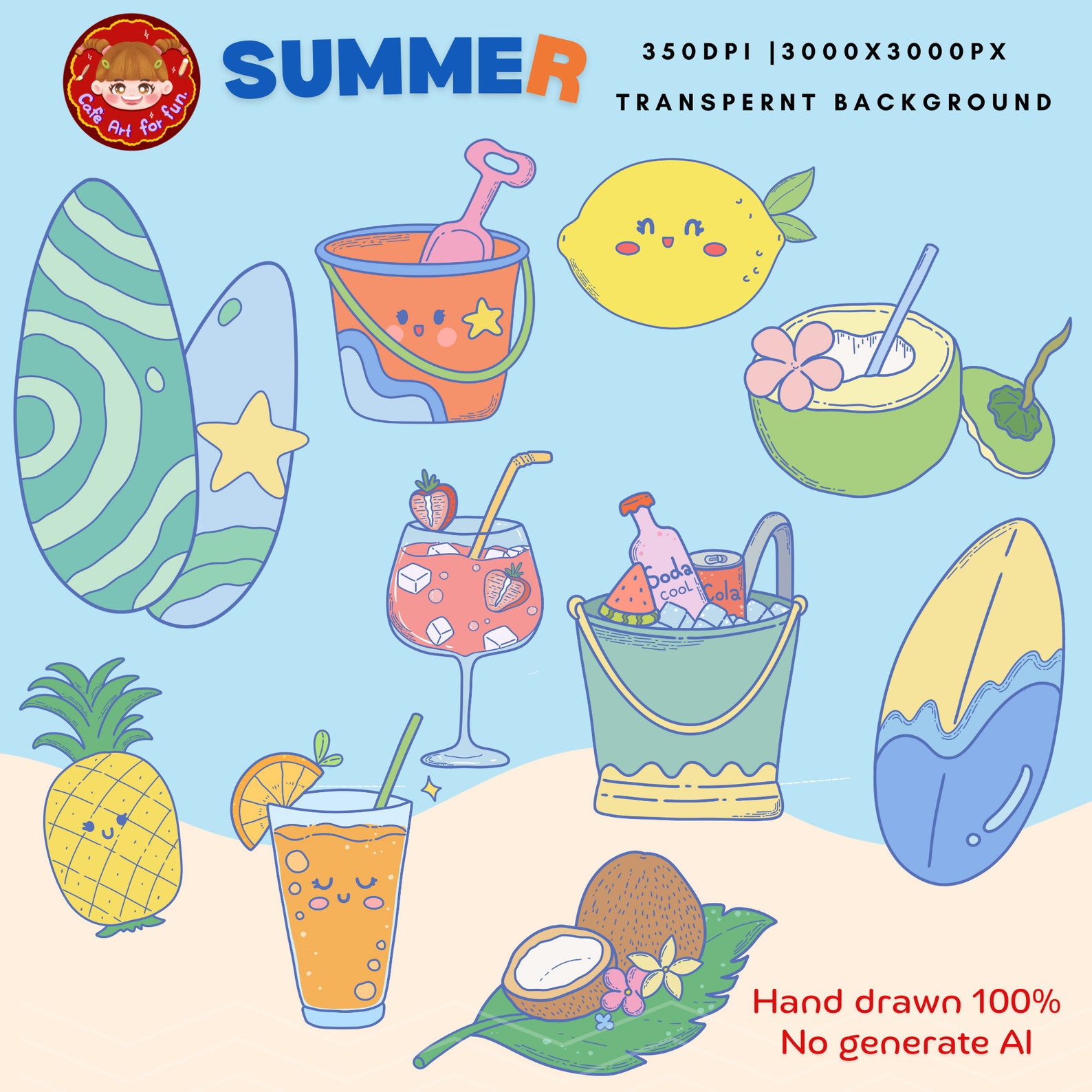 Summer Beach Clipart: Retro Cartoon PNG (3000x3000 Px) - Etsy