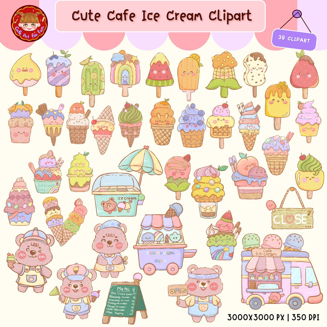 Cute Ice Cream Clipart, Sweet Treats PNG, Cone&sundae, Kawaii Ice Cream ...