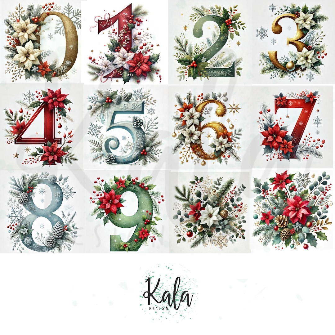 Pack of Christmas Numbers From 0 to 9 Digital Download Christmas Floral ...