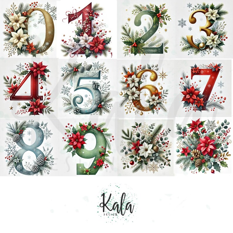 Pack of Christmas Numbers From 0 to 9 Digital Download Christmas Floral ...