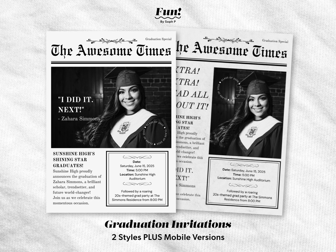 Newspaper Style Graduation Invitation, Editable & Trendy Design, Cool ...