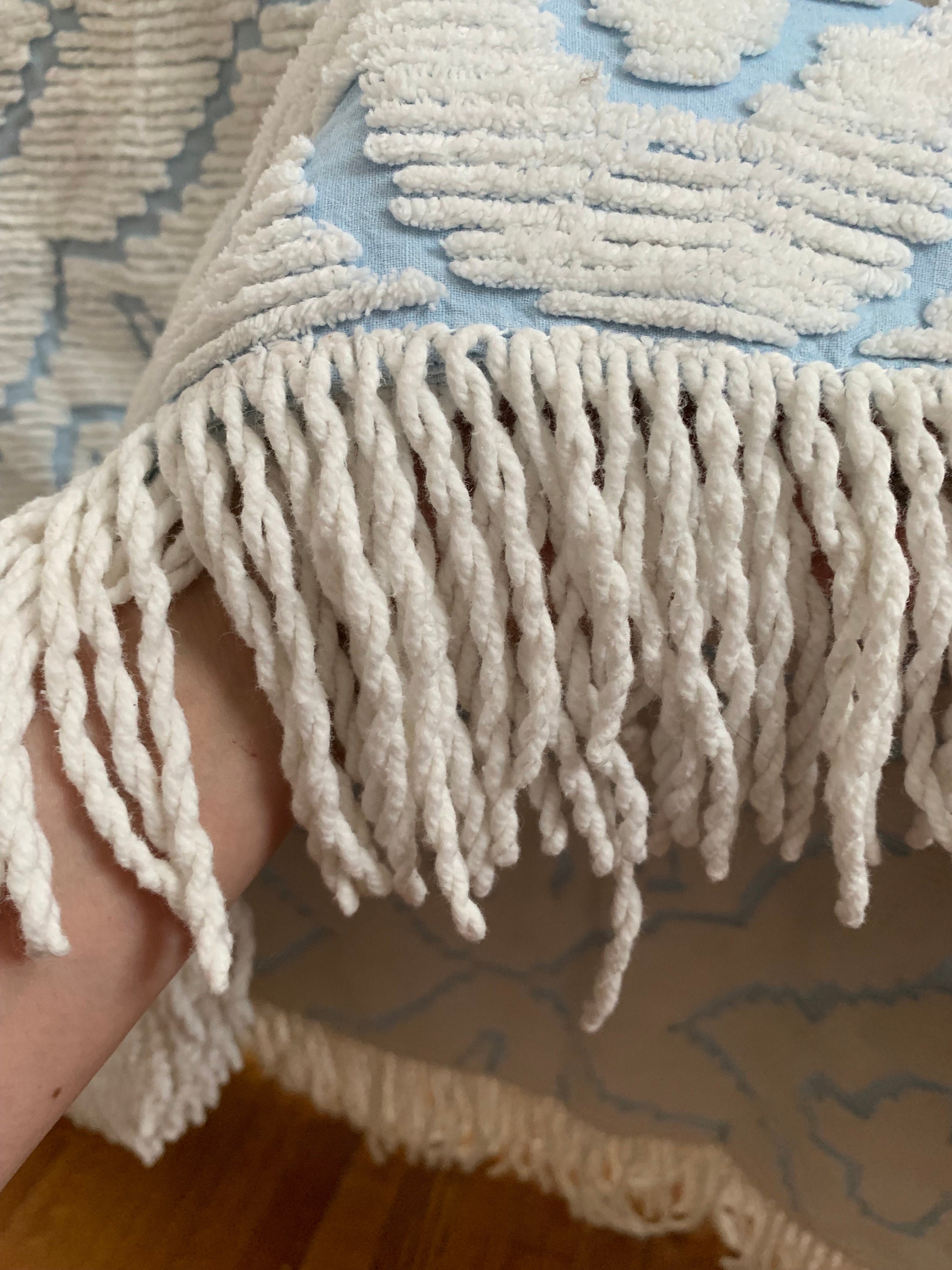 Chenille Bedspread Baby Blue & White Floral Geometric Mid Century Queen ...
