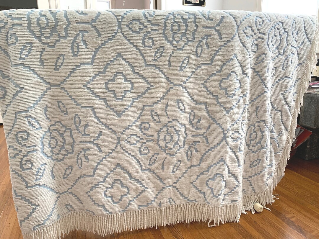 Chenille Bedspread Baby Blue & White Floral Geometric Mid Century Queen ...