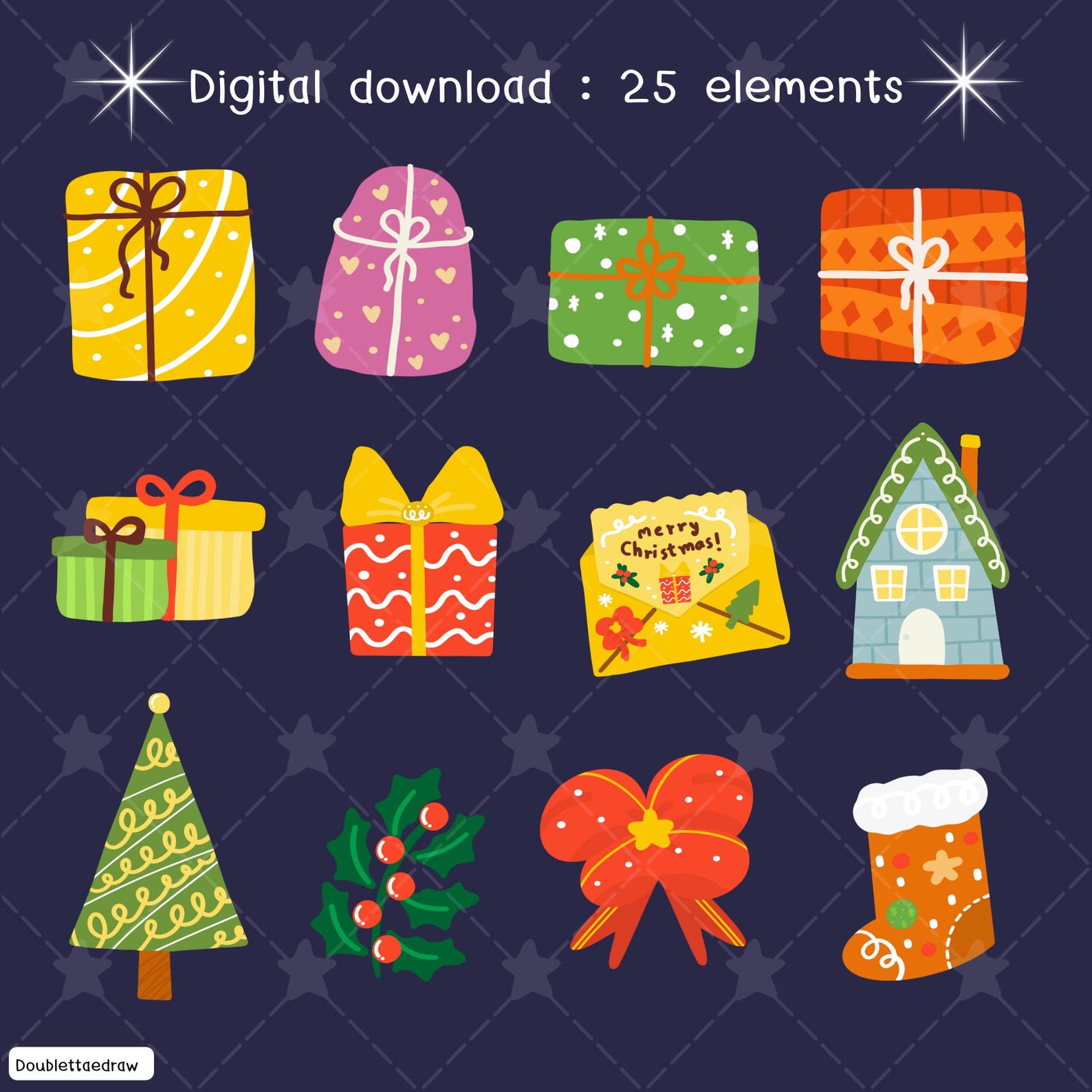 Christmas Elements PNG EPS, Hand Drawing, Digital Stickers Clipart ...