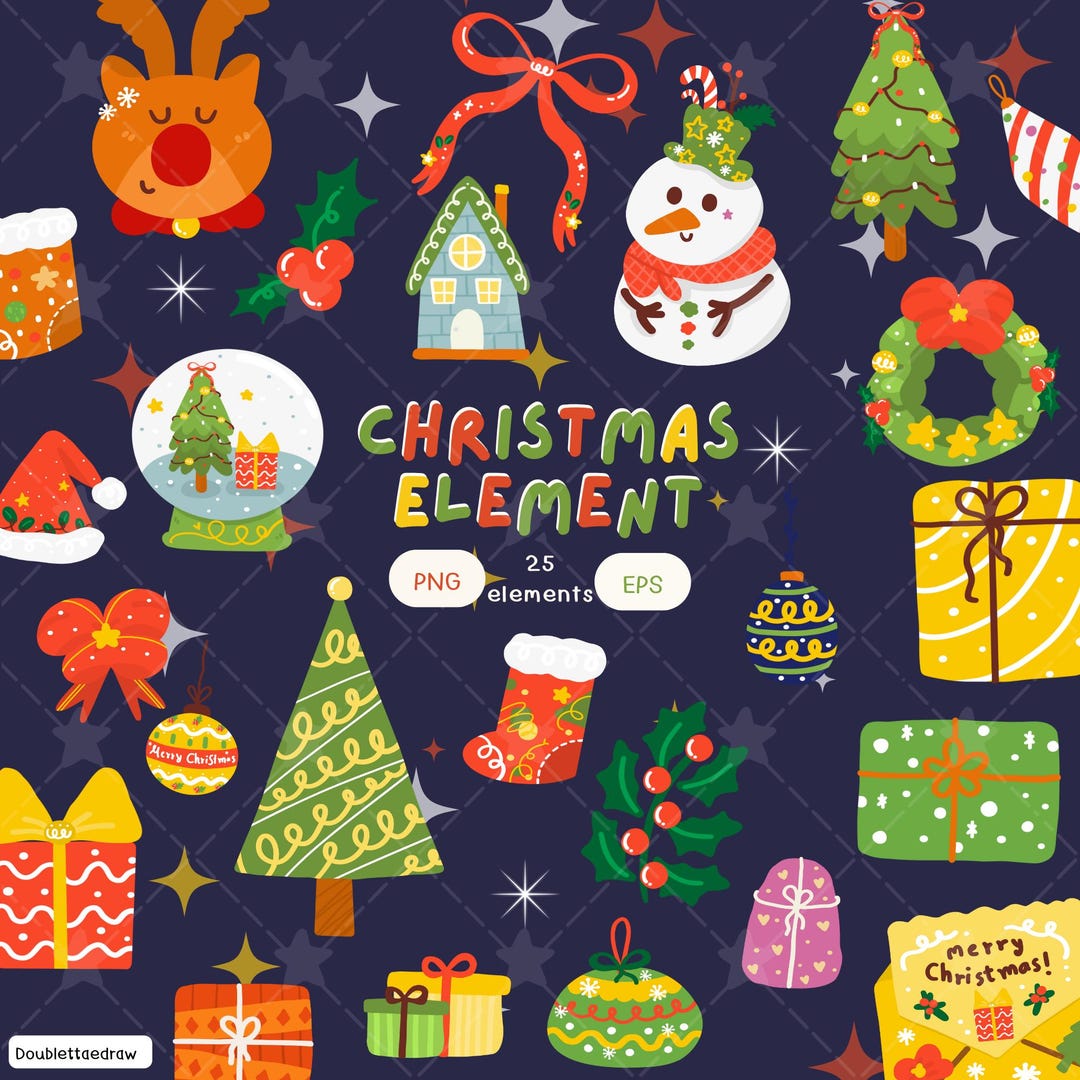 Christmas Elements PNG EPS, Hand Drawing, Digital Stickers Clipart ...