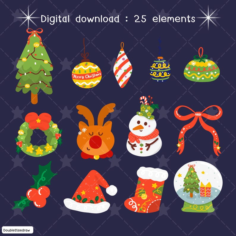 Christmas Elements PNG EPS, Hand Drawing, Digital Stickers Clipart ...