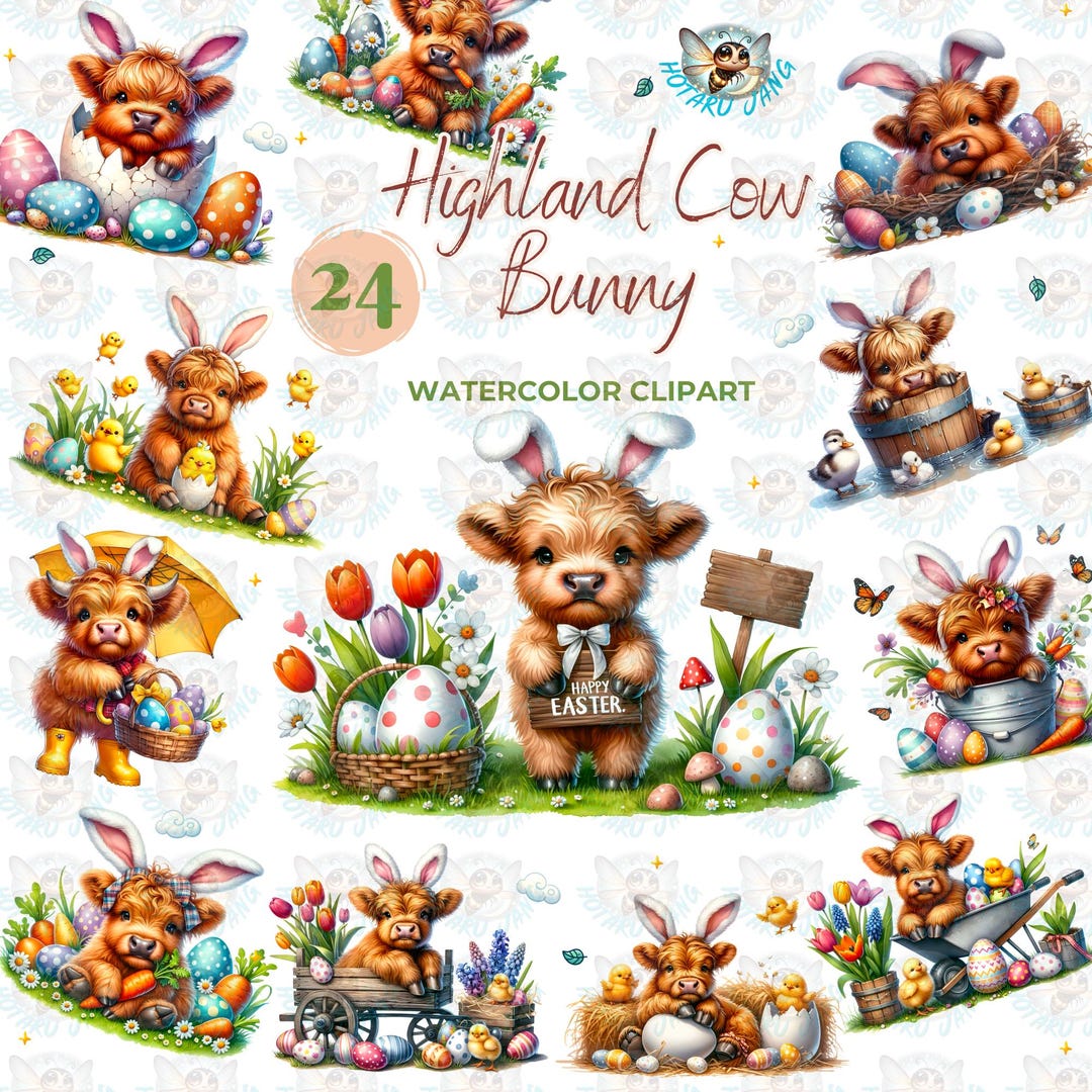 Highland Cow Bunny Easter Clipart: Watercolor PNG Set - Etsy