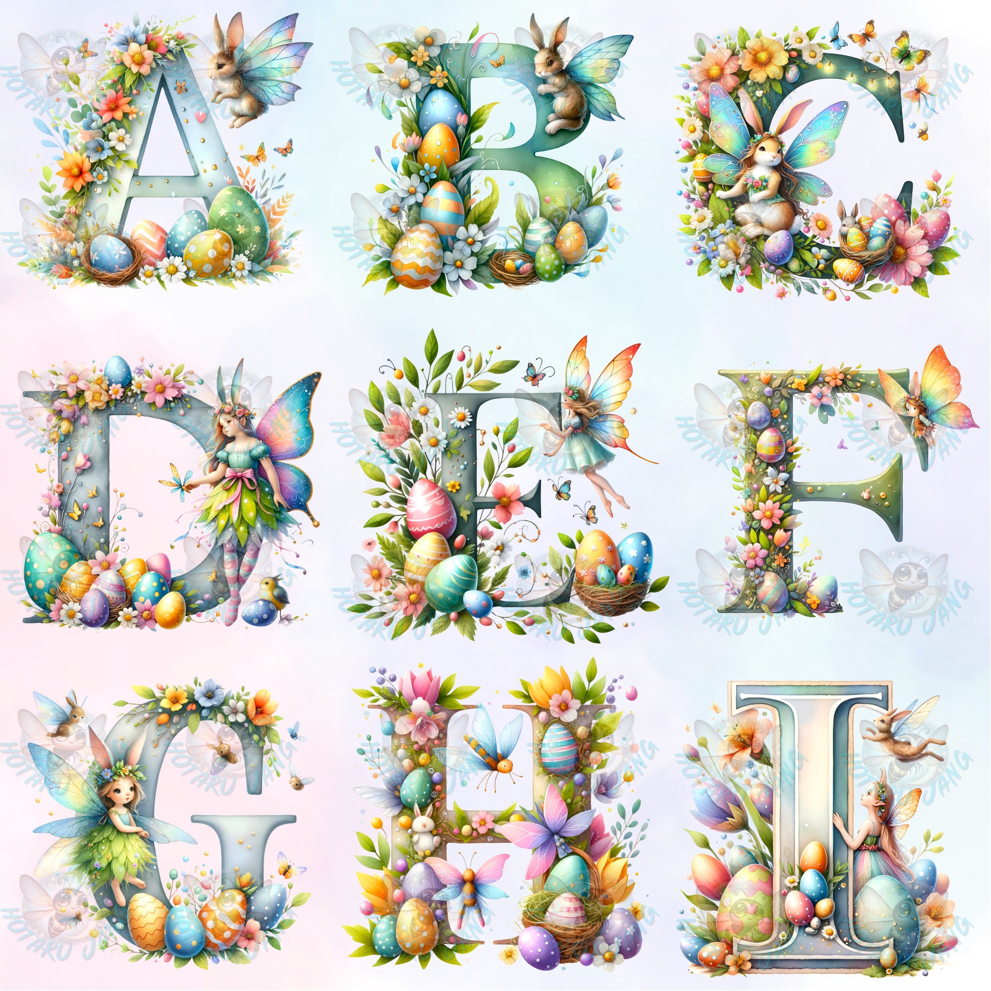 Easter A-Z Alphabet Clipart, Watercolor Easter PNG, Cute Easter Letters ...