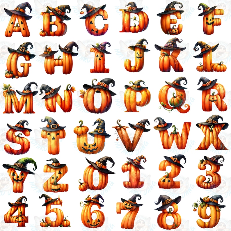 Watercolor Halloween Alphabet Clipart: Pumpkin Witch Hat Letters (PNG ...