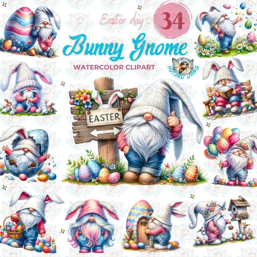 Bunny Gnome Watercolor Clipart: Easter PNG Designs (digital Download ...
