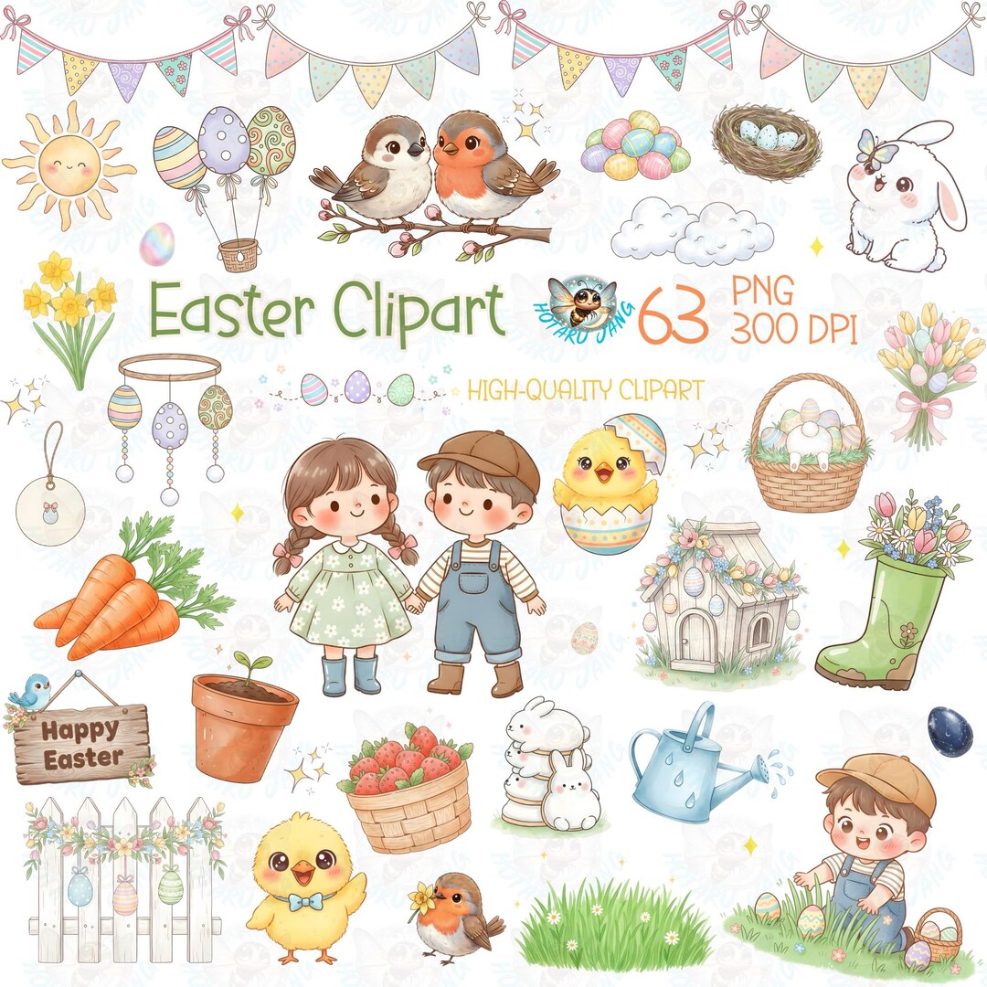 Easter Clipart Bundle – 63 Cute Spring PNG | Easter Bunny, Eggs, Chicks ...