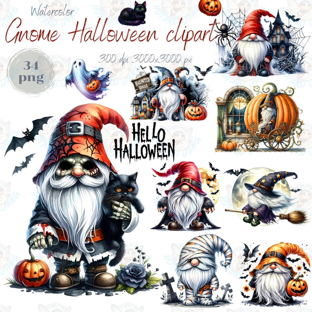 Watercolor Halloween Gnomes Clipart, Gnome Cute Spooky Season Halloween ...