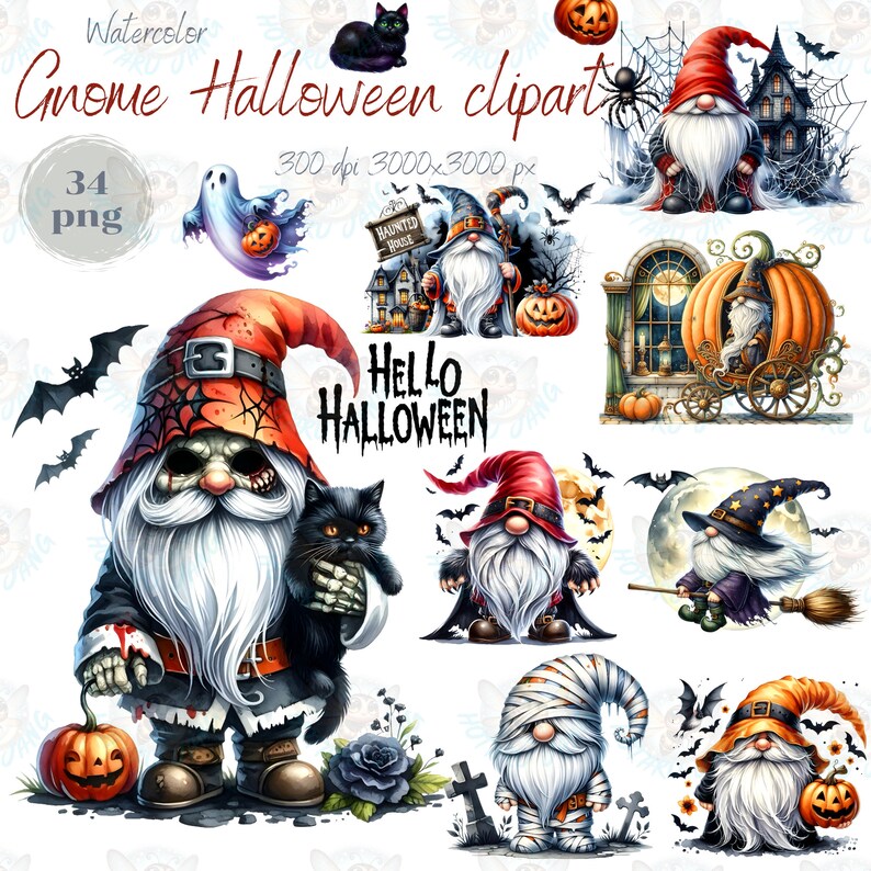 Watercolor Halloween Gnomes Clipart, Gnome Cute Spooky Season Halloween ...