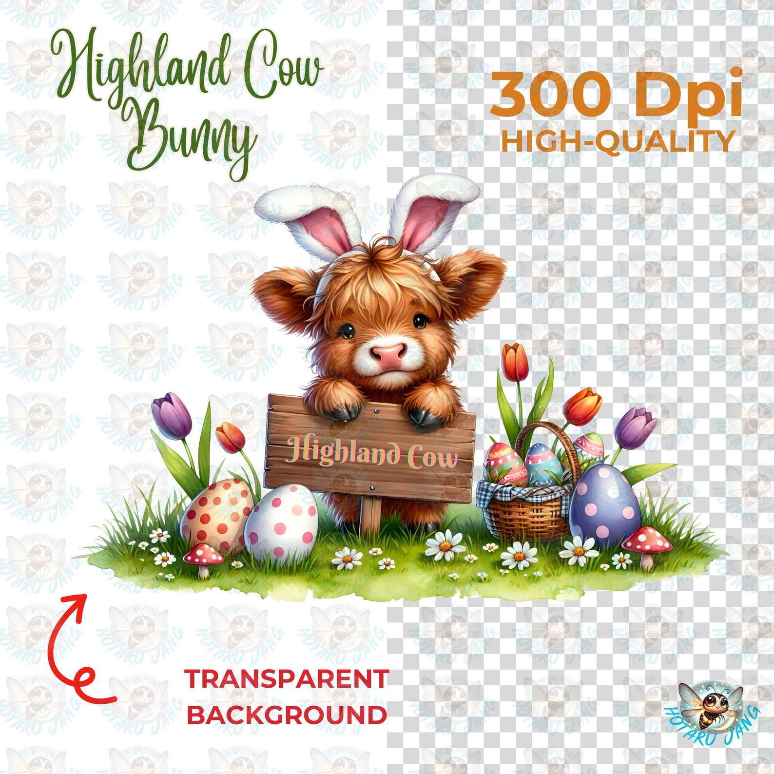 Highland Cow Bunny Easter Clipart: Watercolor PNG Set - Etsy