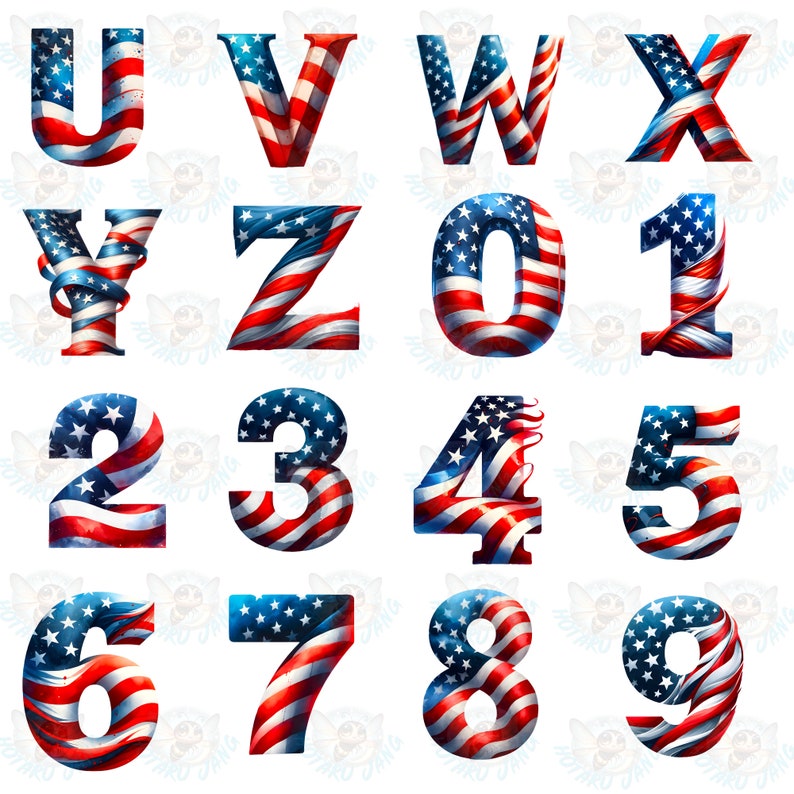 USA Flag Alphabet & Numbers Clipart: Patriotic PNG, 4th of July ...