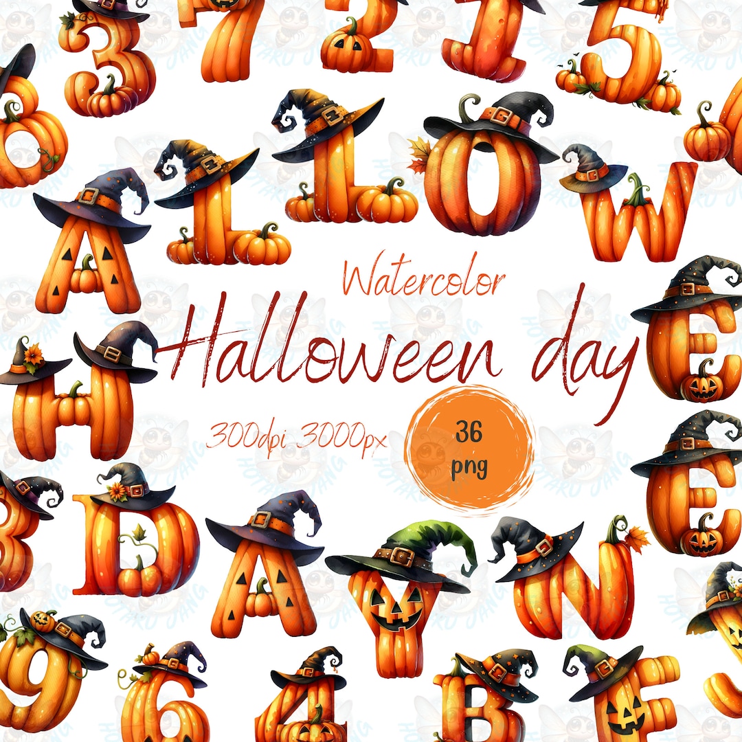 Watercolor Halloween Alphabet Clipart: Pumpkin Witch Hat Letters (PNG ...