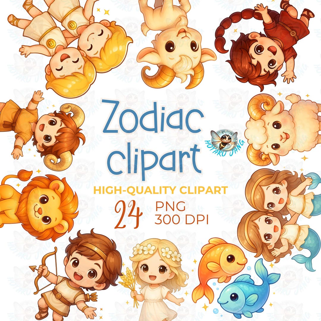 Zodiac Clipart, 24 PNG Astrology Signs With Cute Characters & Animals ...