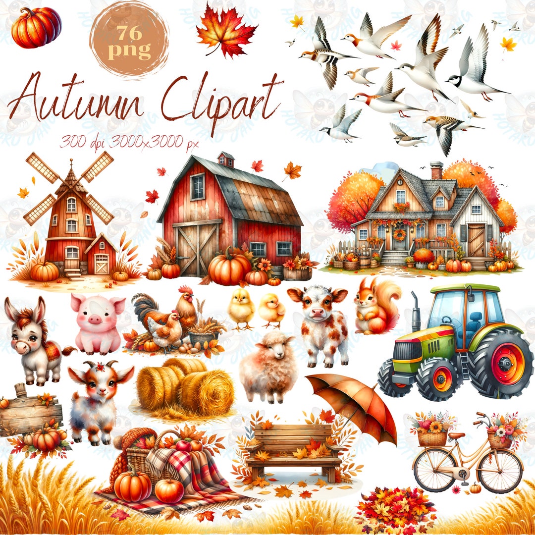 Watercolor Autumn Clipart Set, Farm Animals, Pumpkins (76 PNG Files) - Etsy