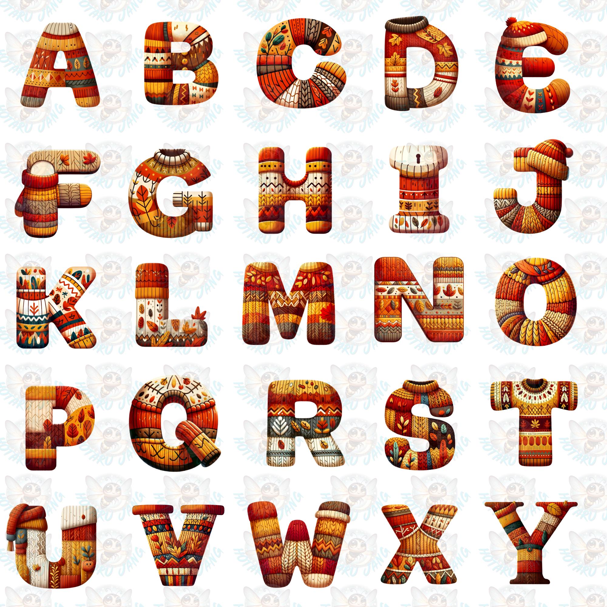 Watercolor Autumn Alphabet Clipart: Knitted Sweater Letters (PNG) - Etsy