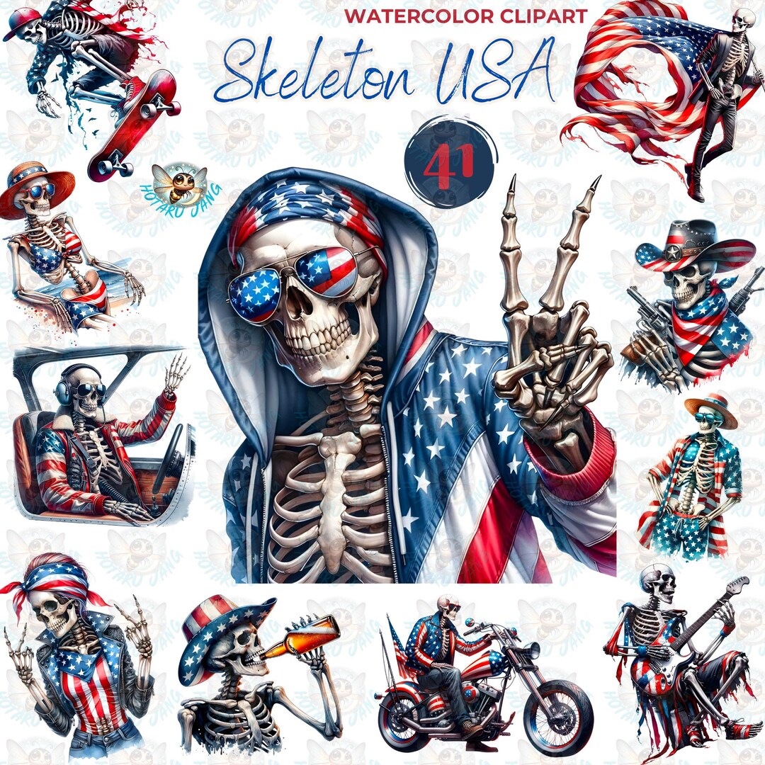Skeleton USA Clipart: 41 Patriotic PNG Illustrations (digital Download ...