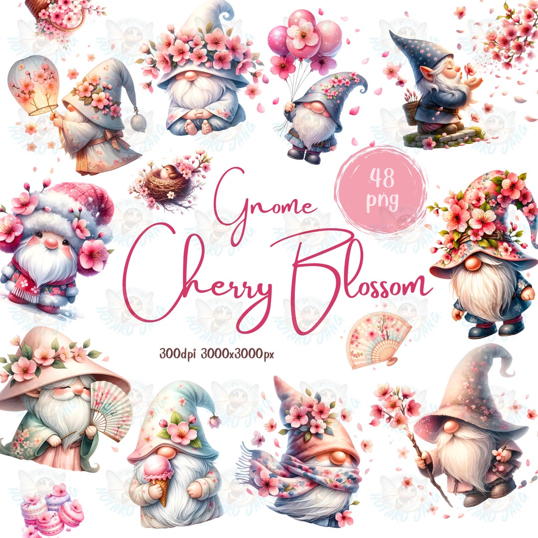 Gnome Cherry Blossom, Gnome Watercolor Clipart ,spring Gnome Clipart ...