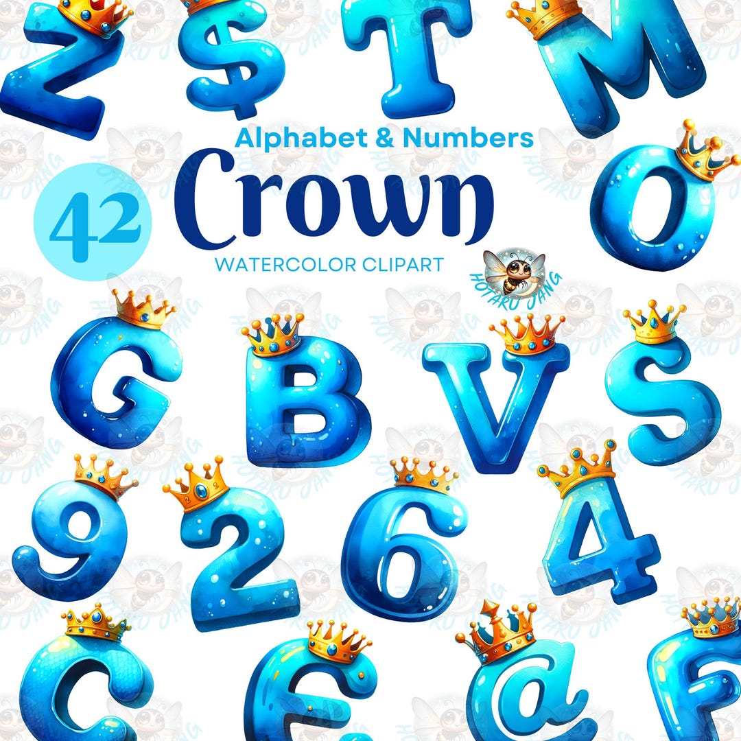 Crown Alphabet and Numbers Watercolor Clipart, King Crown Queen Crown ...