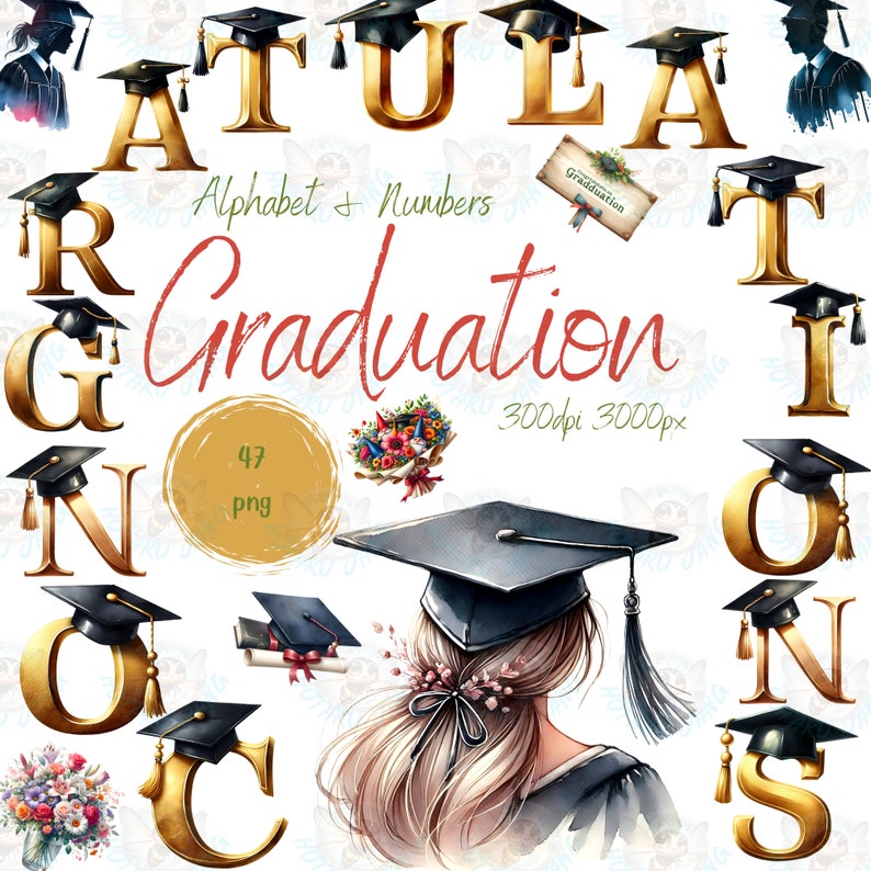Watercolor Graduation Alphabet&number Clipart PNG 47 High-resolution ...