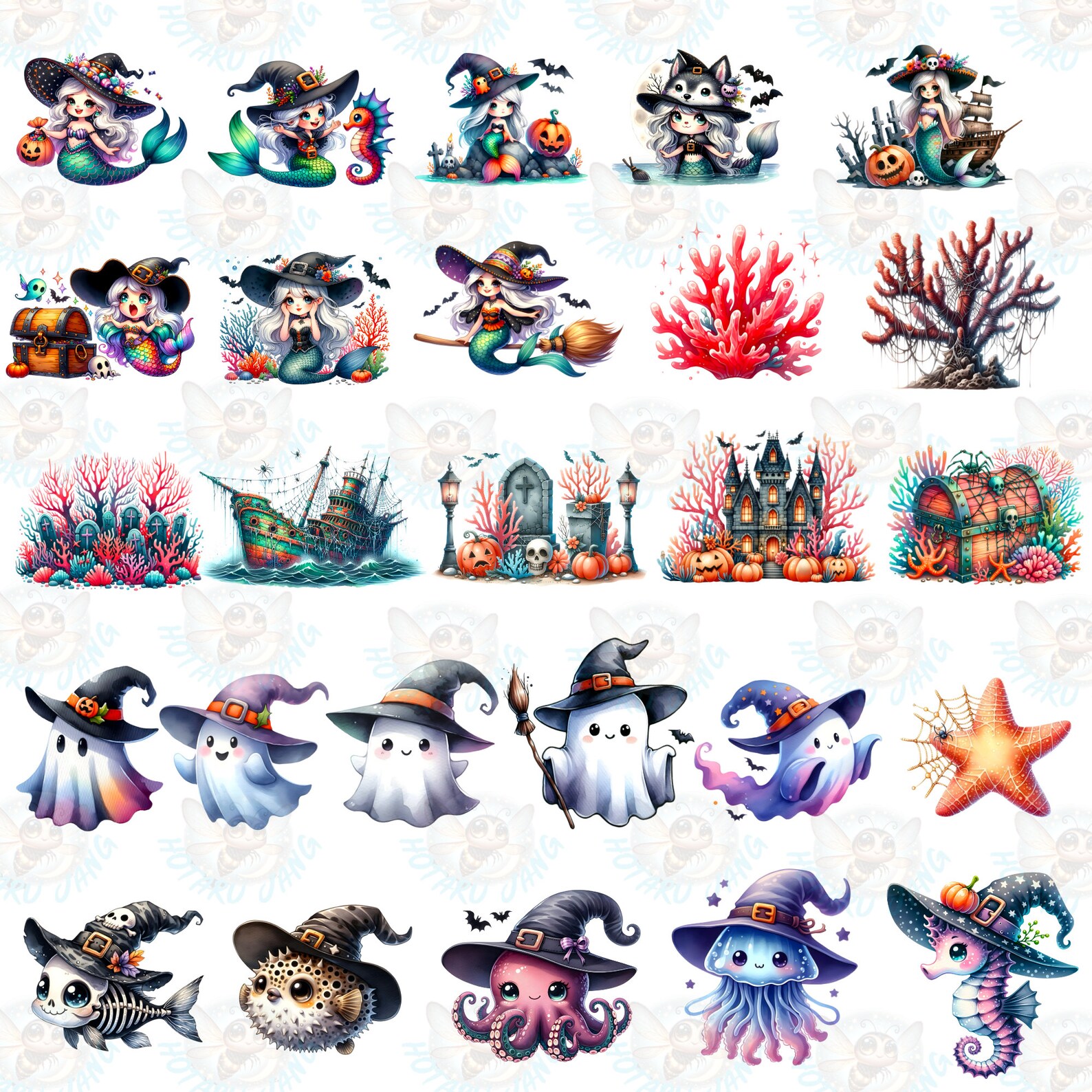 Cute Halloween Mermaids Clipart Set. Zombie Mermaid PNG. Sea Animals ...