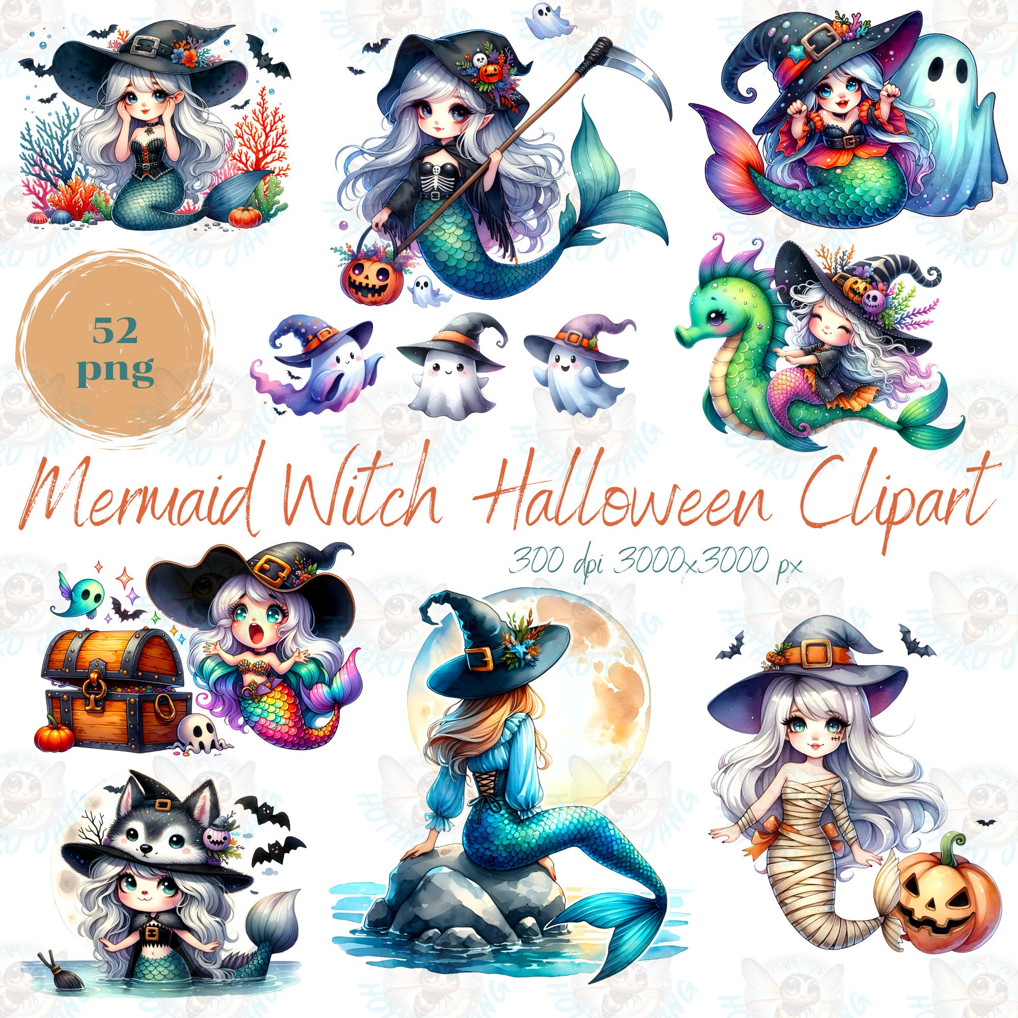 Cute Halloween Mermaids Clipart Set. Zombie Mermaid PNG. Sea Animals ...