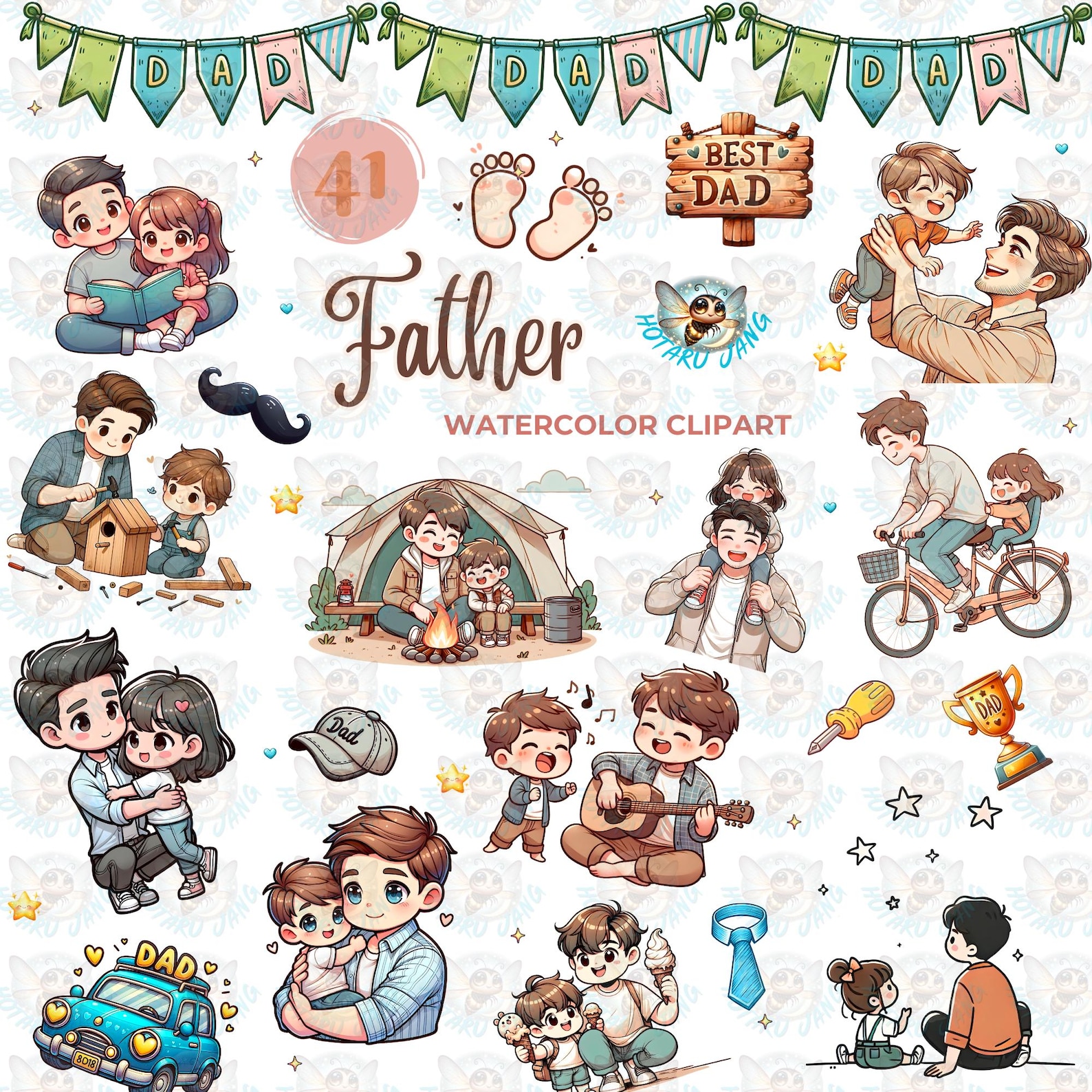 Father's Day Watercolor Clipart: Dad & Kids Pngs (digital Download) - Etsy