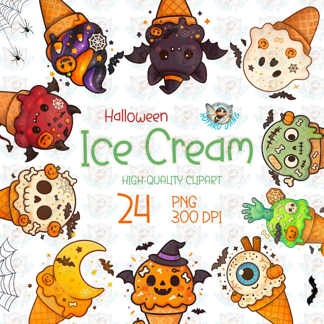 Halloween Ice Cream Clipart: Spooky Ghost, Pumpkin, Zombie Designs (24 ...