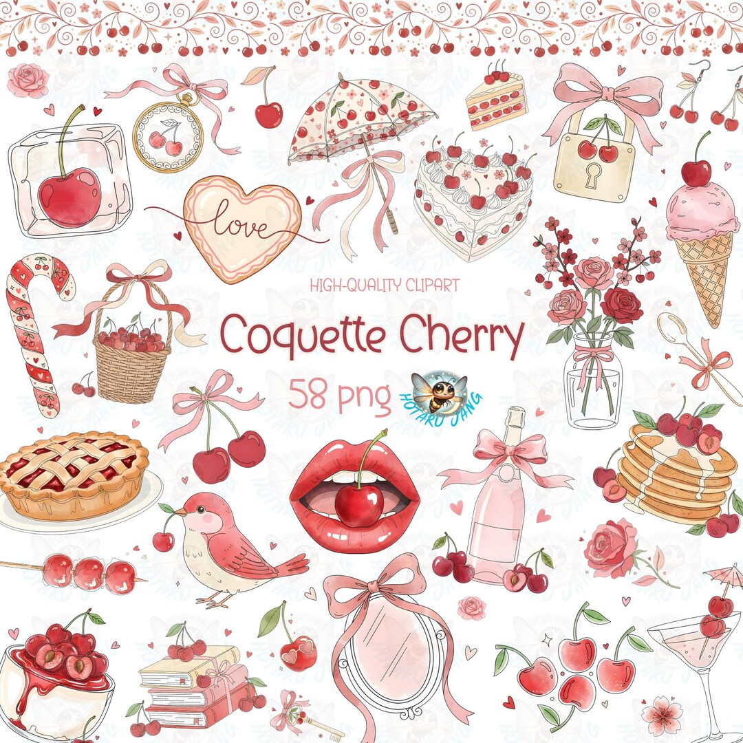 Coquette Cherry Clipart – Romantic Valentine PNG Graphics (58 Elements ...