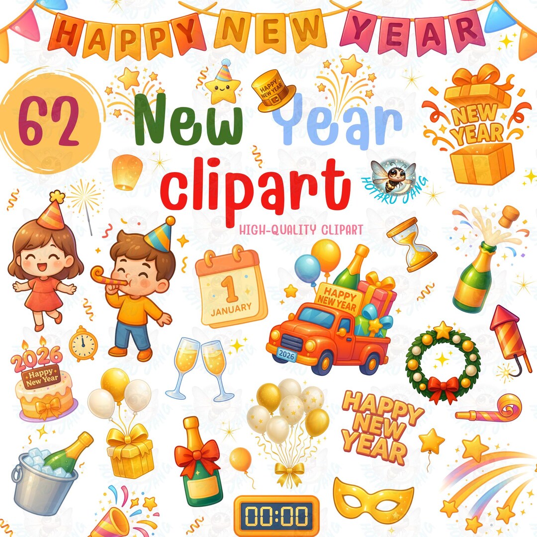 New Year Clipart Bundle – Celebration Pngs, Party Hats (digital ...